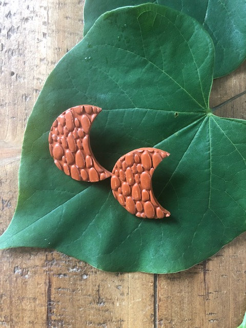 Terra Cotta Textured Moon Polymer Clay Earrings Studs Simple Crescent